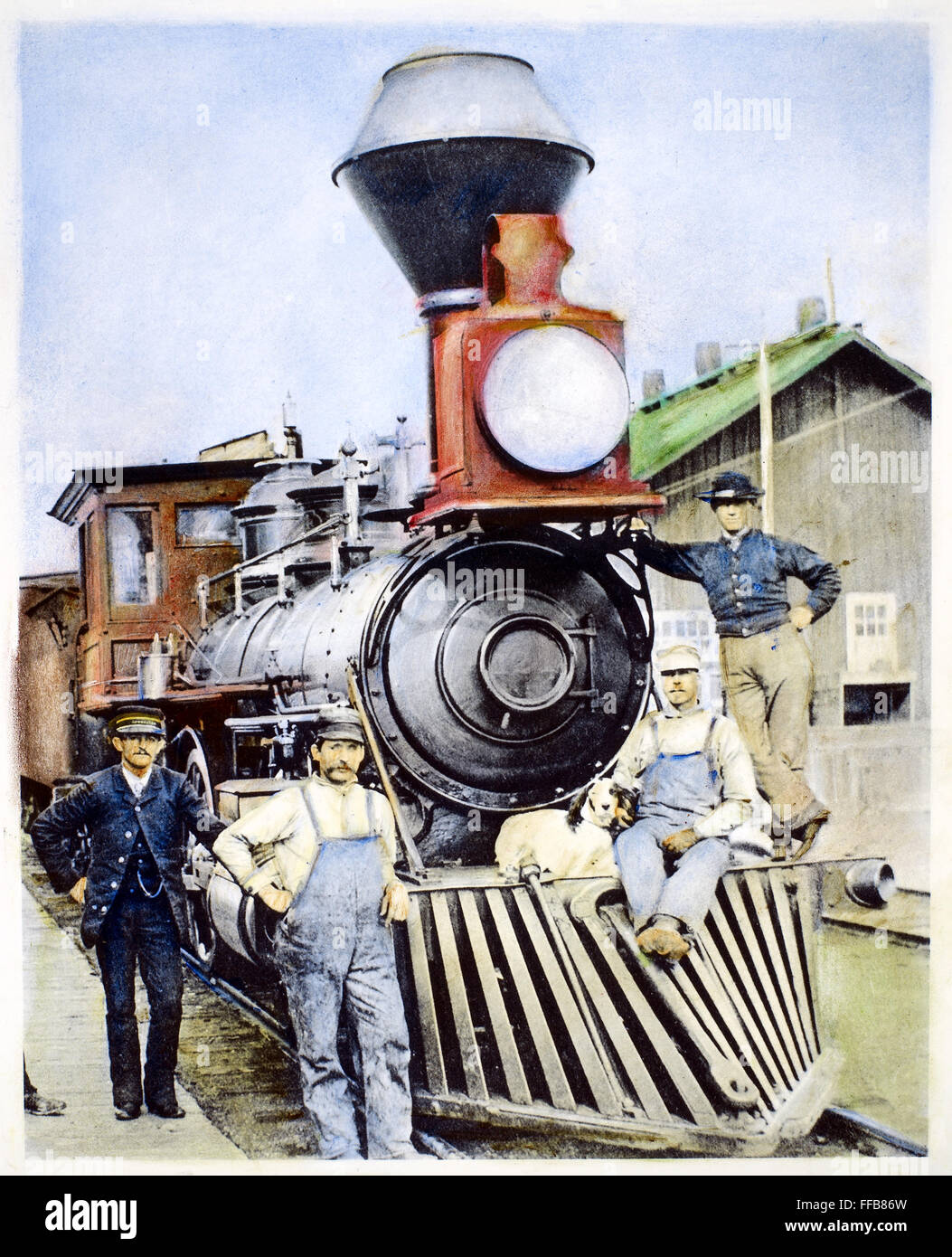 LOCOMOTIVE, 1883. /nThe conductor, crew and canine mascot of a Central ...