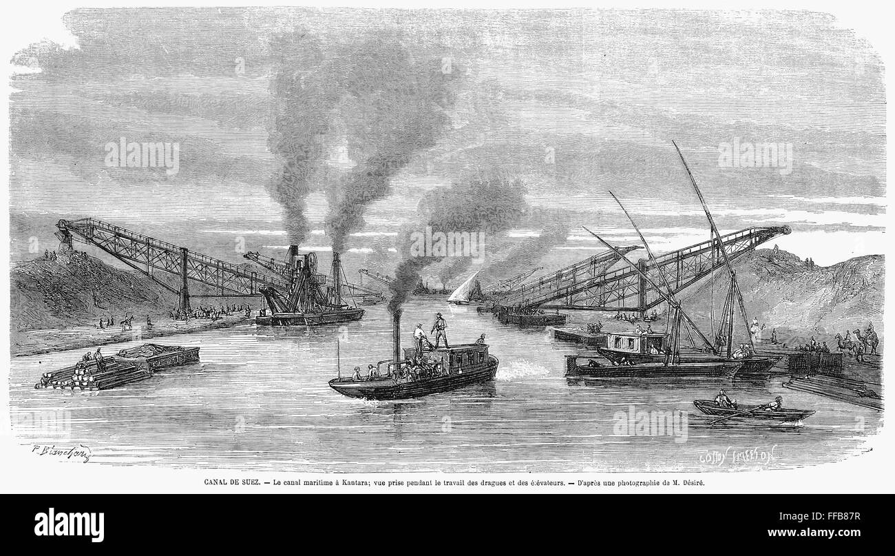 SUEZ CANAL: CONSTRUCTION. /nDredging and removing soil to the shores of ...