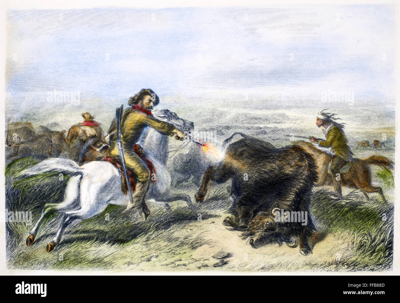 BUFFALO HUNTING, 1870. /nHunting buffaloes. Steel engraving, 1870 ...