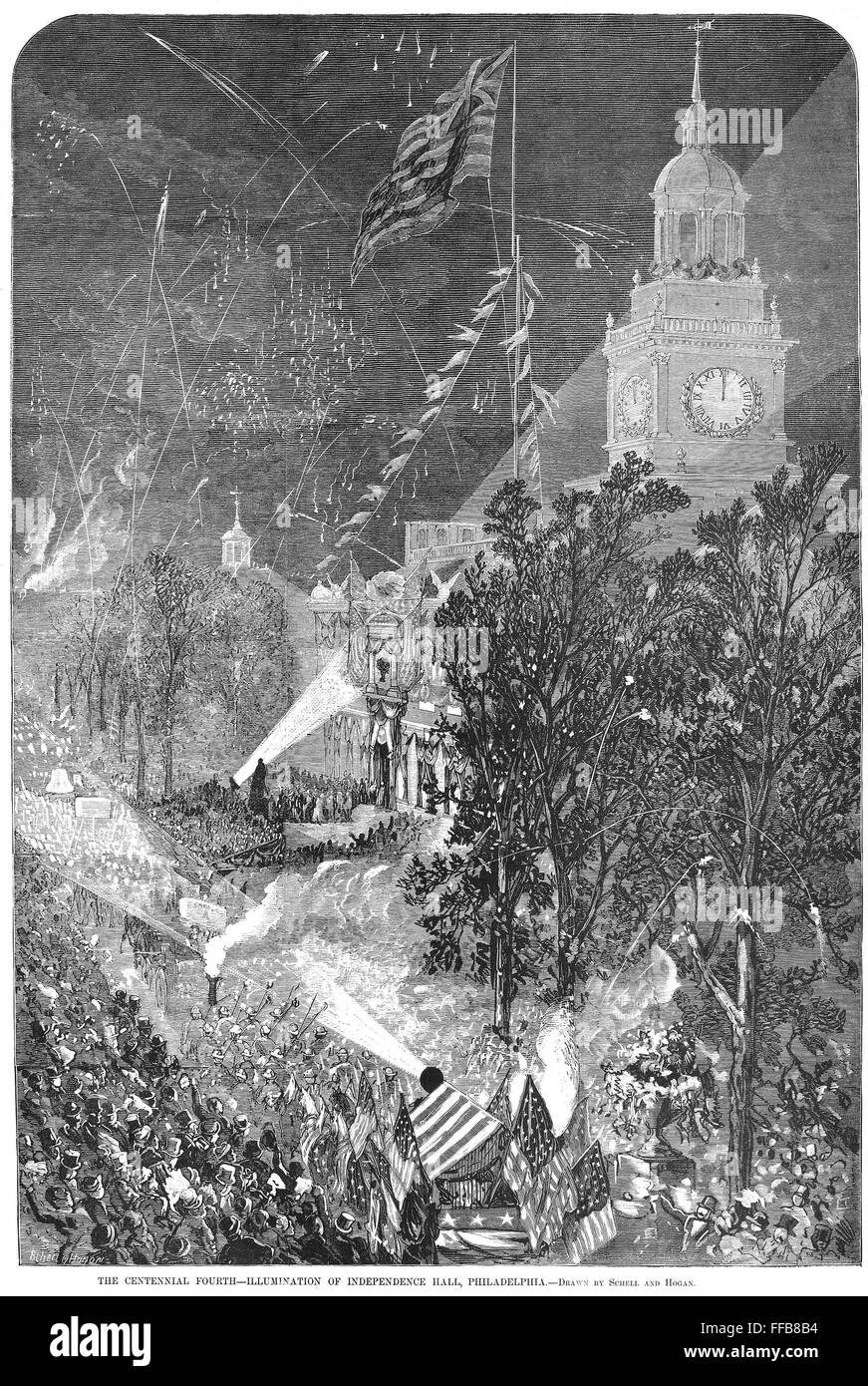 CENTENNIAL FAIR, 1876. /nIndependence Hall illuminated on the Fourth of ...