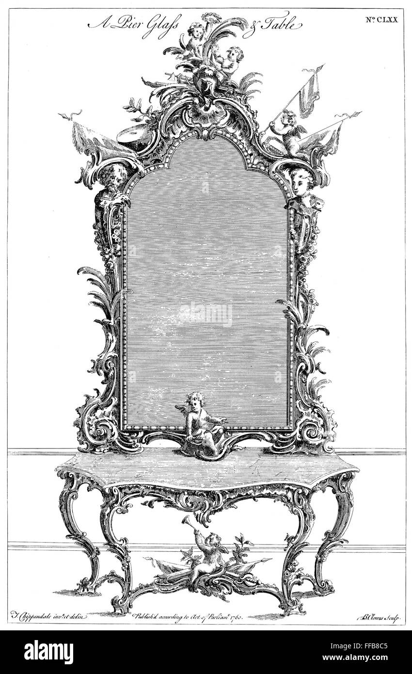 CHIPPENDALE MIRROR, 1762. /nDesign for a pier glass and table by Thomas ...