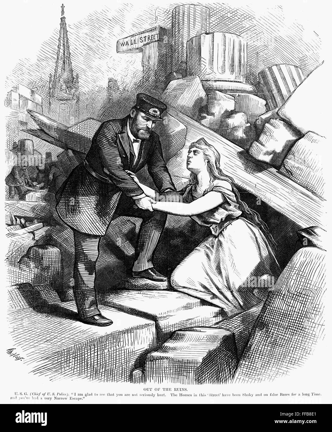 BANK PANIC CARTOON, 1873. /n'Out of the Ruins.' Thomas Nast's depiction ...