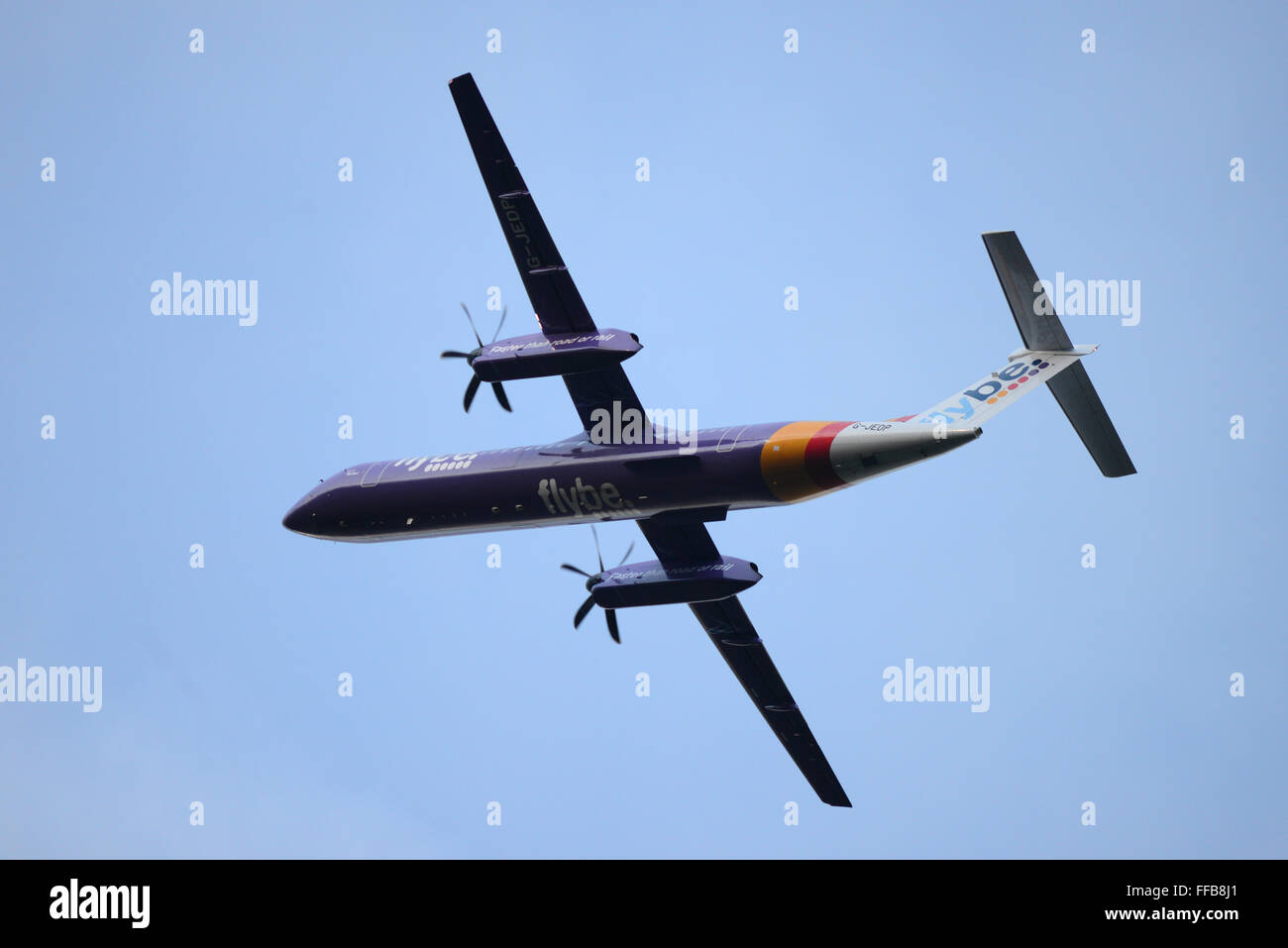 A Flybe aeroplane taking off from Leeds Bradford Airport Stock Photo ...