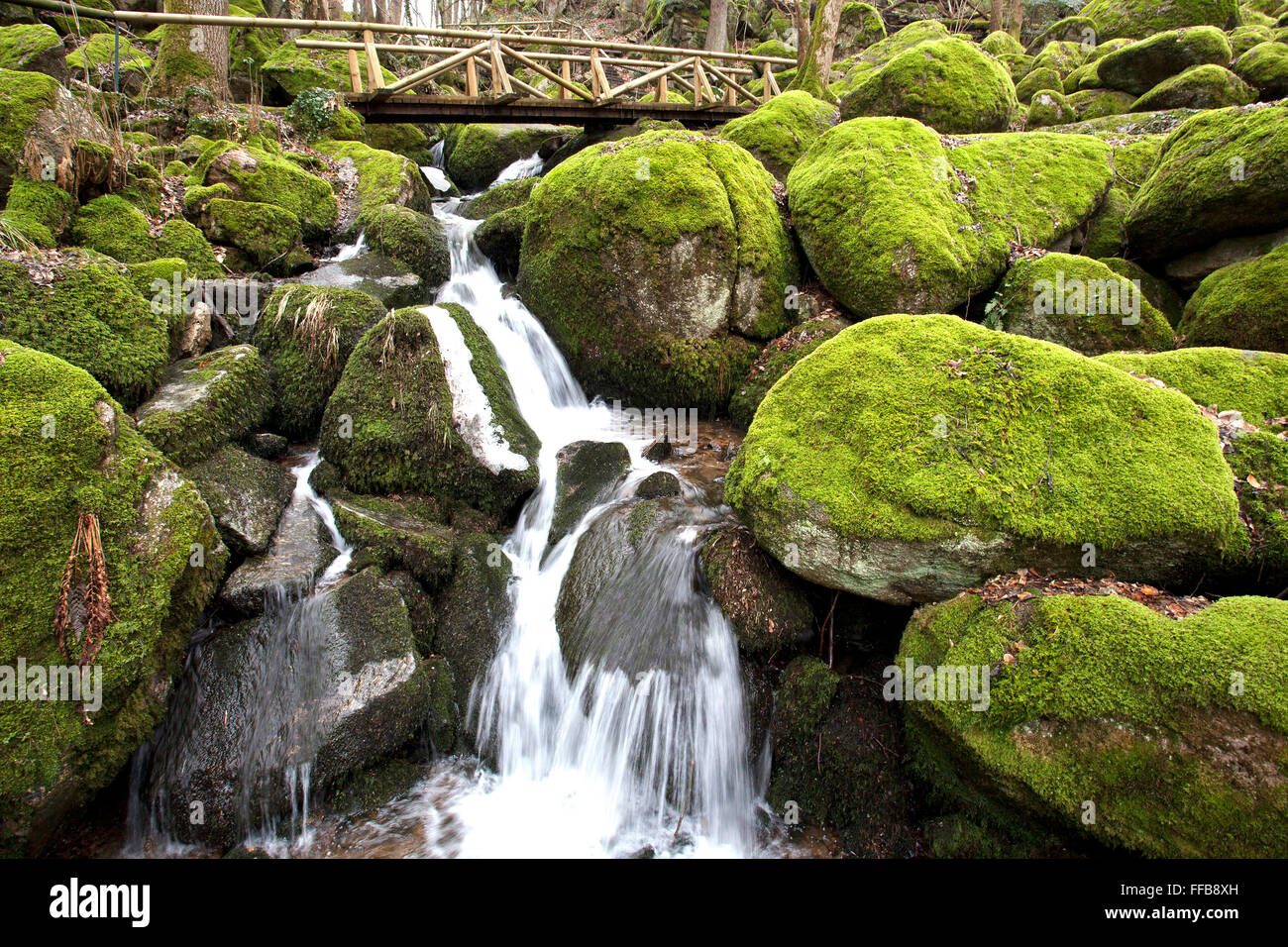 Moss-covered rocks, waterfall, wooden bridge, Geishöll waterfalls, near ...