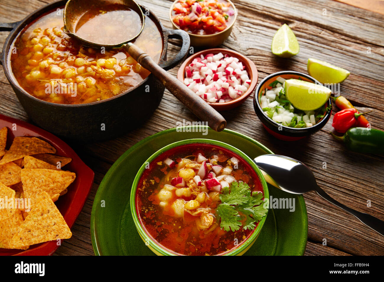 Pozole with mote big corn stew from Mexico with ingredients and ...