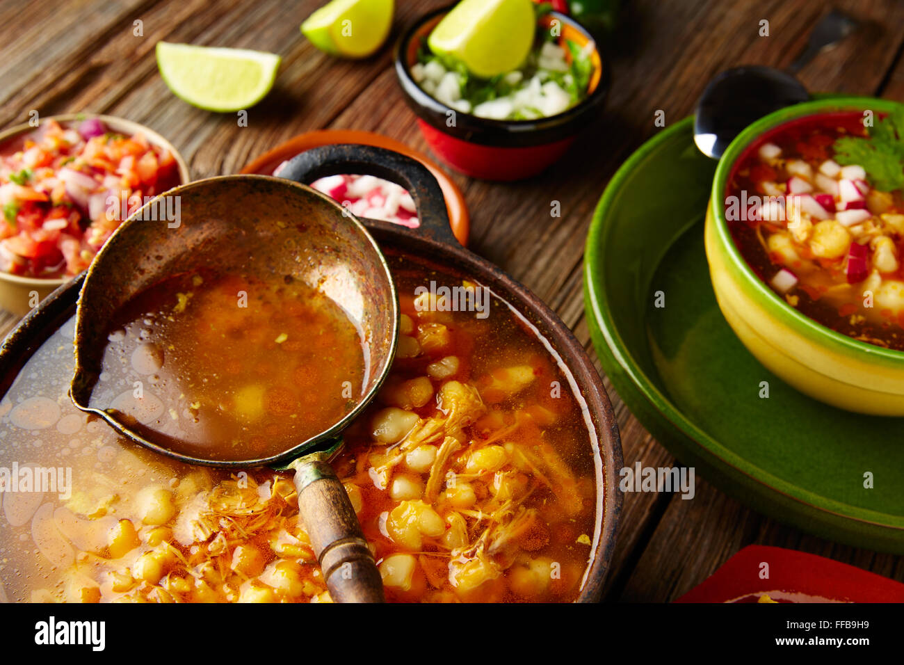 Pozole with mote big corn stew from Mexico in old cooking pot Stock ...