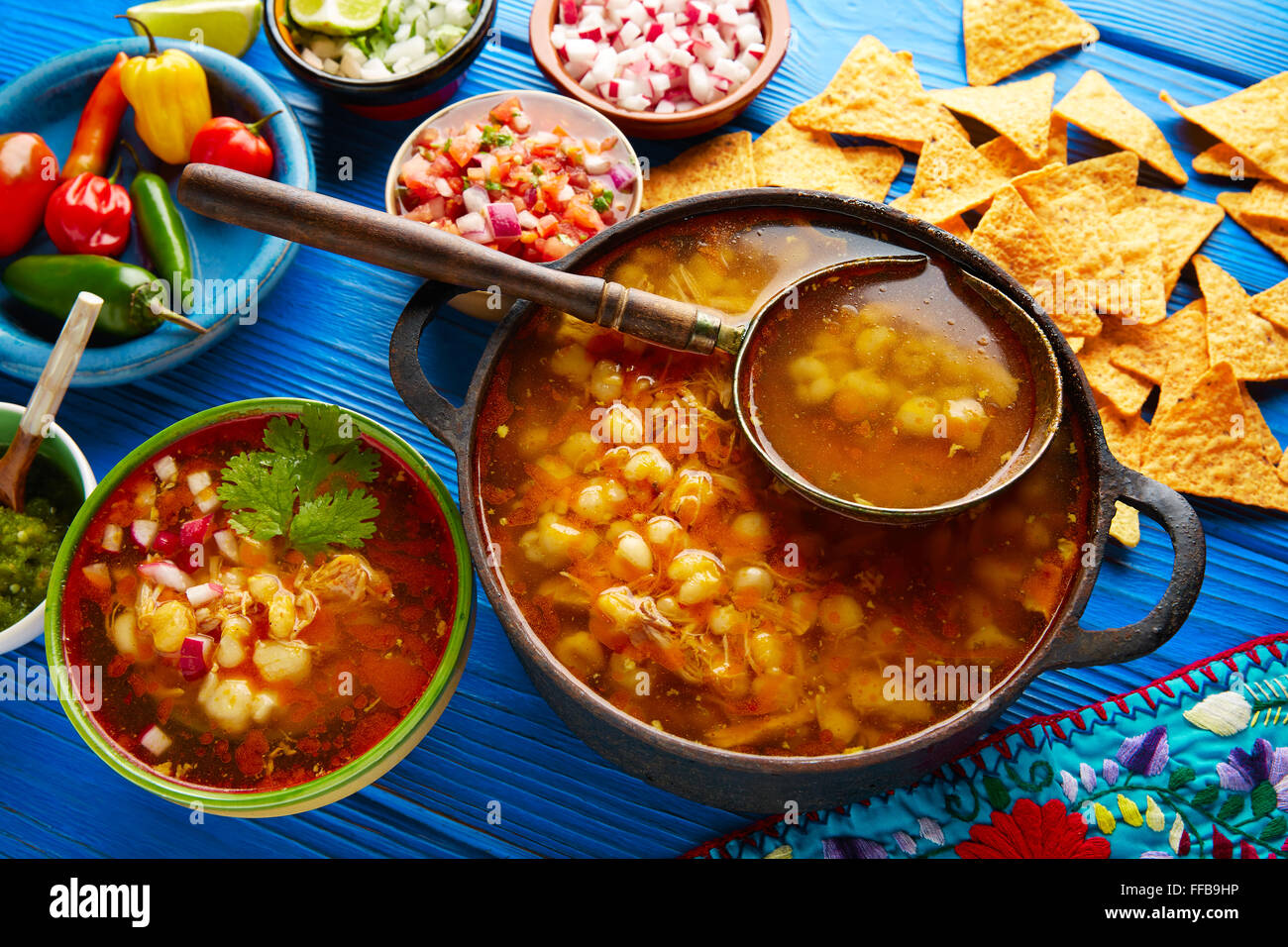 Pozole with mote big corn stew from Mexico with ingredients and ...