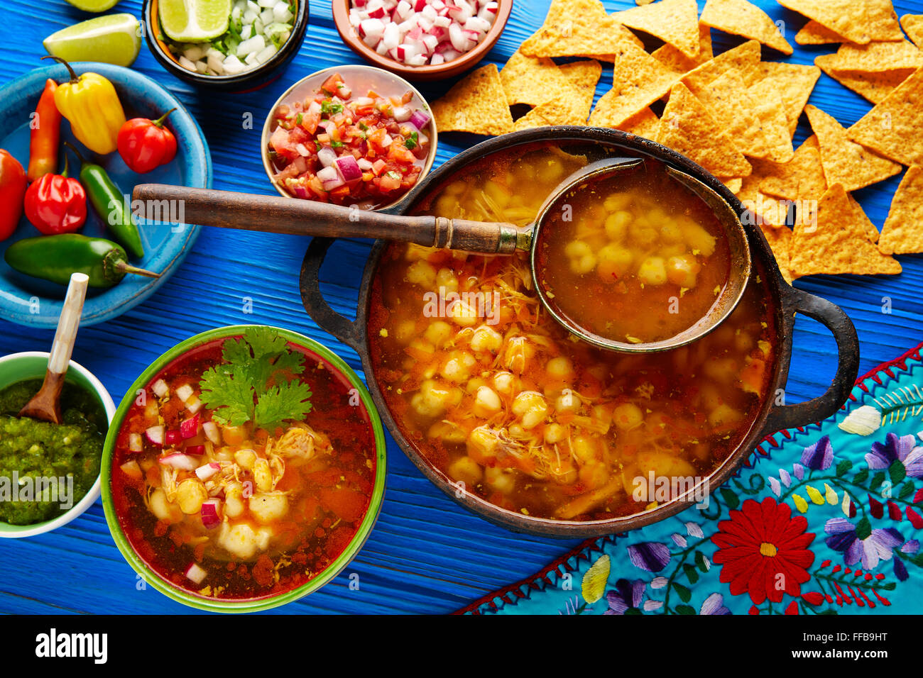 Pozole with mote big corn stew from Mexico with ingredients and ...