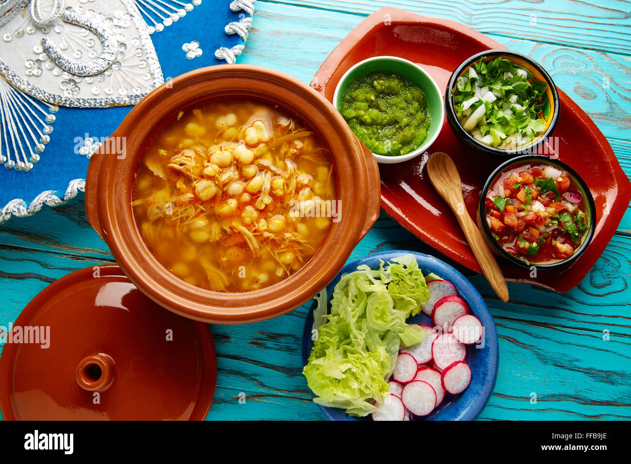 Pozole with mote big corn stew from Mexico with ingredients and ...