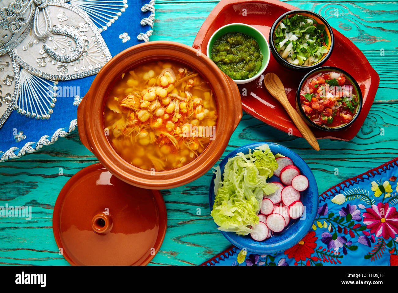 Pozole with mote big corn stew from Mexico with ingredients and ...