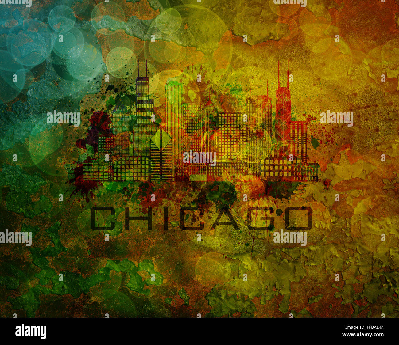 Chicago City Skyline Panorama Color Outline Silhouette with Paint ...
