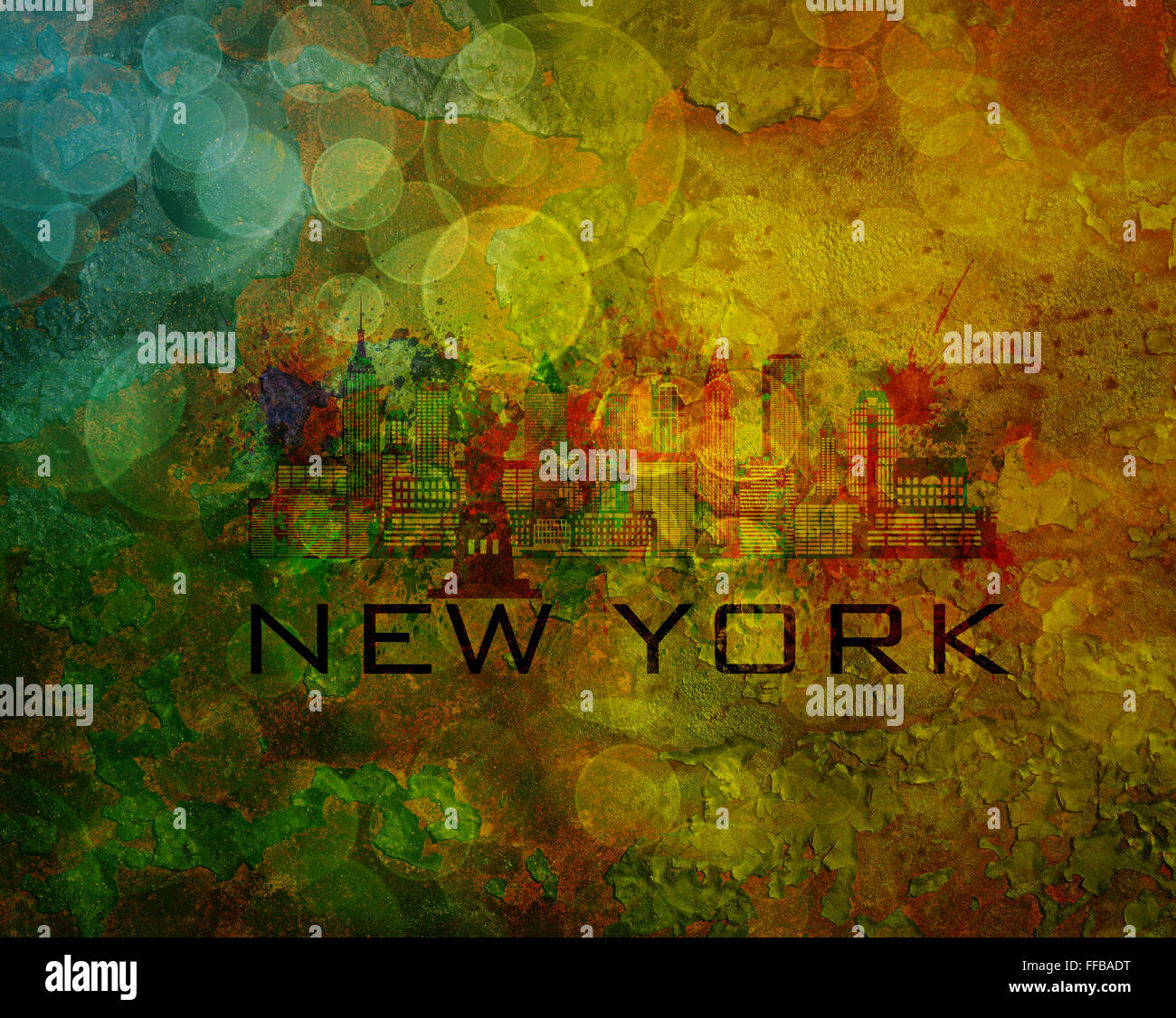 New York City Skyline with Paint Splatter Abstract onn Grunge Texture ...
