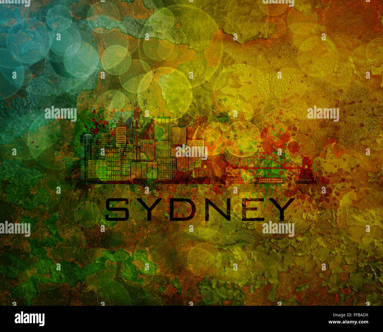 Sydney Australia City Skyline with Paint Splatter Abstract onn Grunge ...