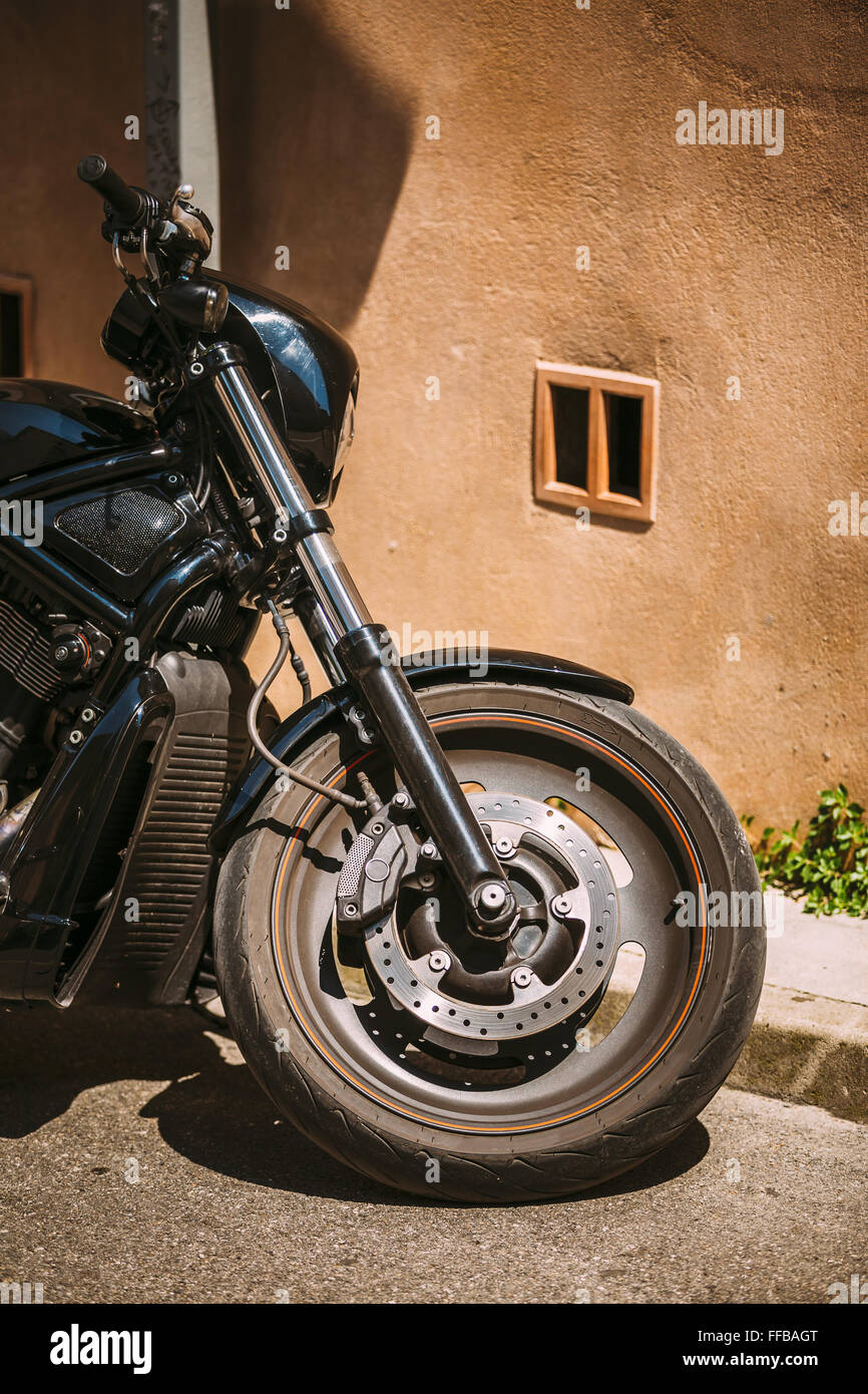 Motorcycle Front wheel and brake systems for motorcycles close up Stock ...