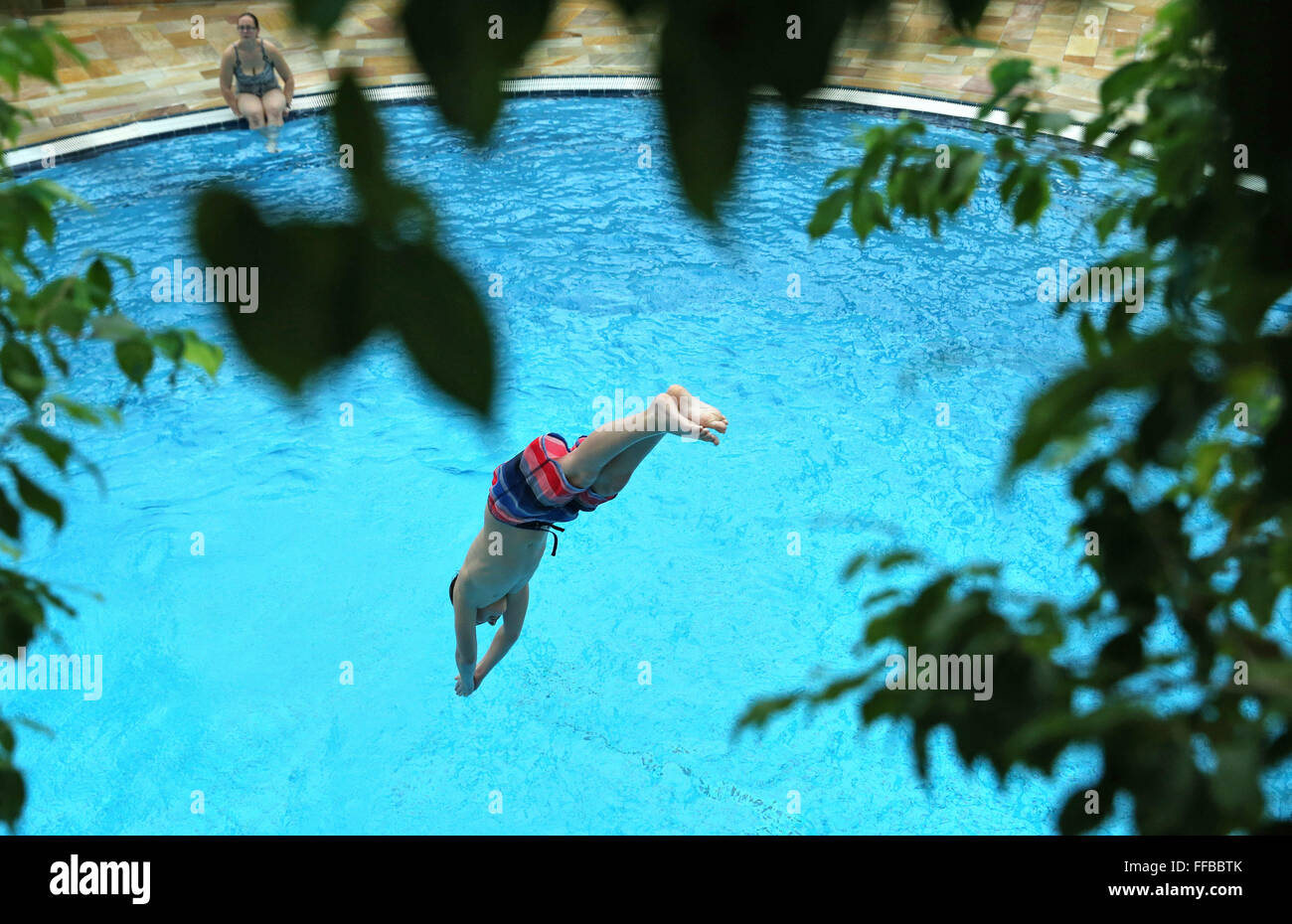 Bad Lausick, Germany. 09th Feb, 2016. A boy dives from a 3-meter diving ...
