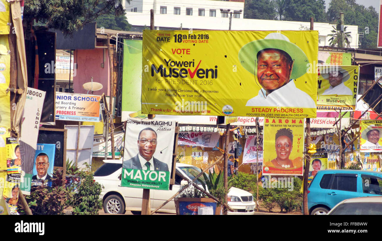 Mukono Town, Uganda. 10th Feb, 2016. A banner with portraits of the ...