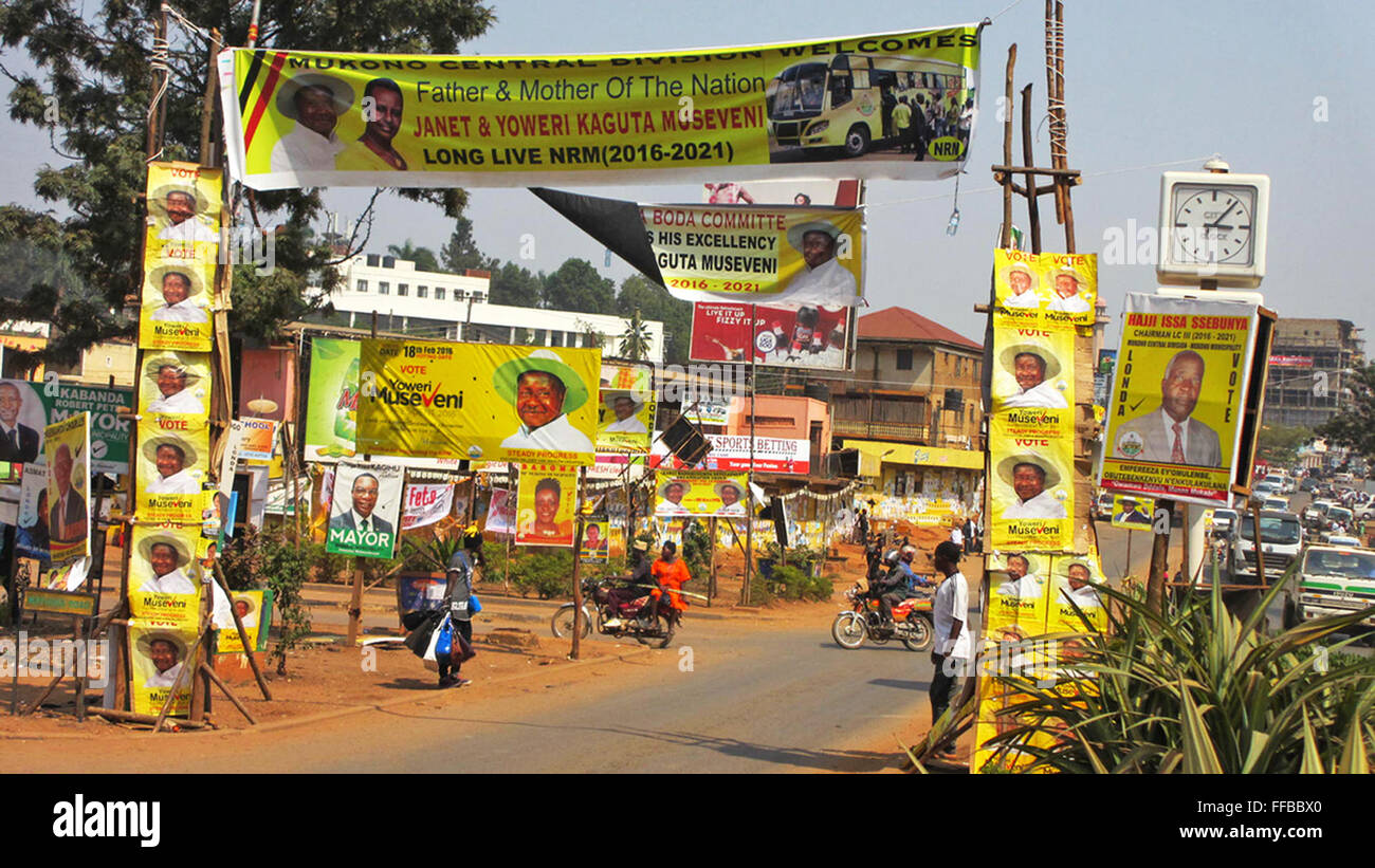 Mukono Town, Uganda. 10th Feb, 2016. A banner with portraits of the ...