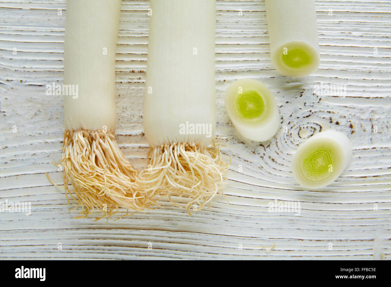 Leeks vegetable raw food with cutted texture in a white wood board ...