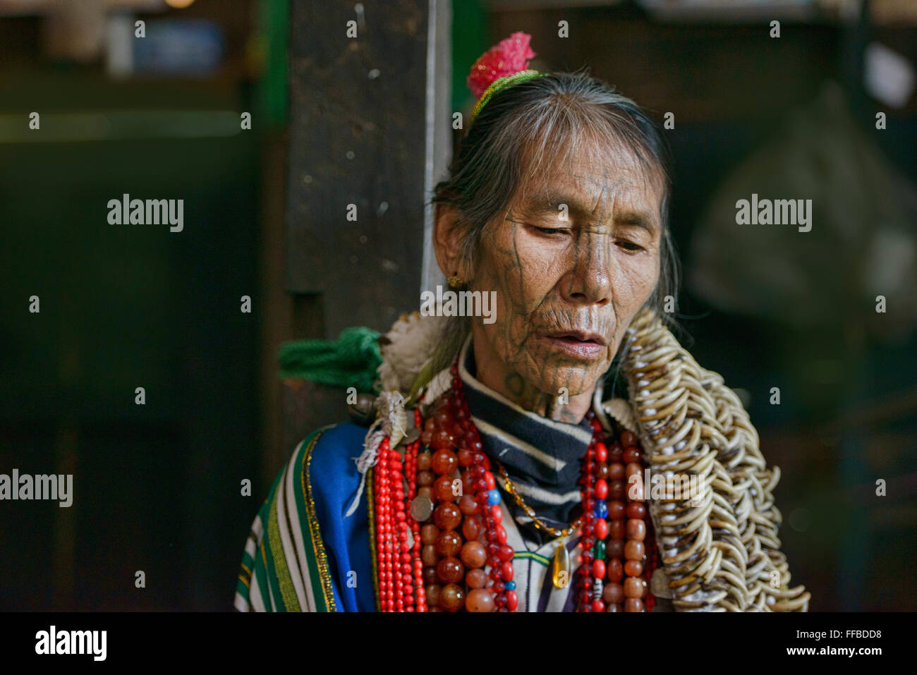 A Muun Chin woman with face tattoos and deer tooth necklace, Mindat ...