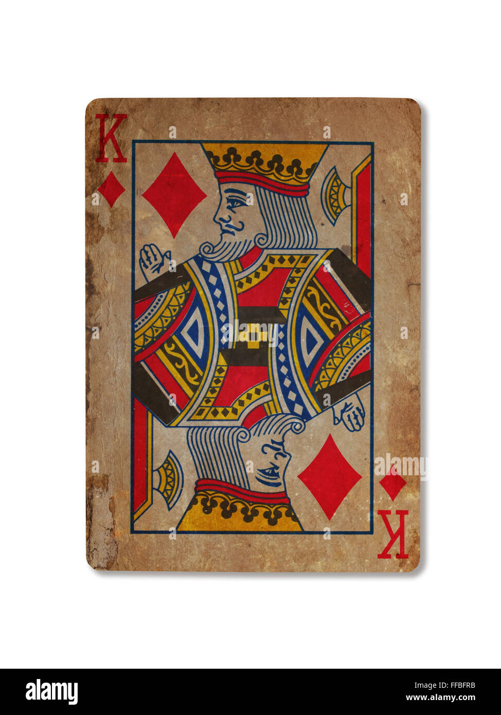 Very old playing card isolated on a white background, King of diamonds ...