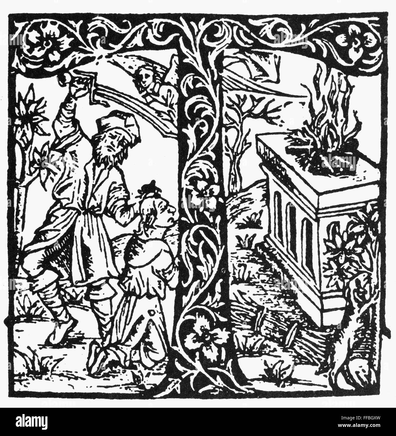 SACRIFICE OF ABRAHAM. /nAbraham's sacrifice of Isaac. Woodcut from the ...