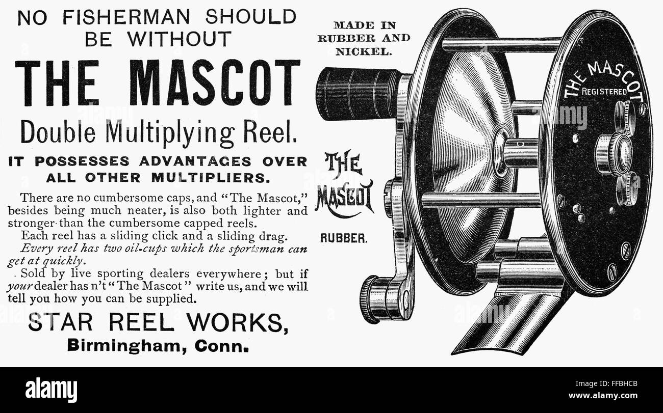 FISHING REEL, 1890. /nAmerican magazine advertisement 1890 Stock Photo ...