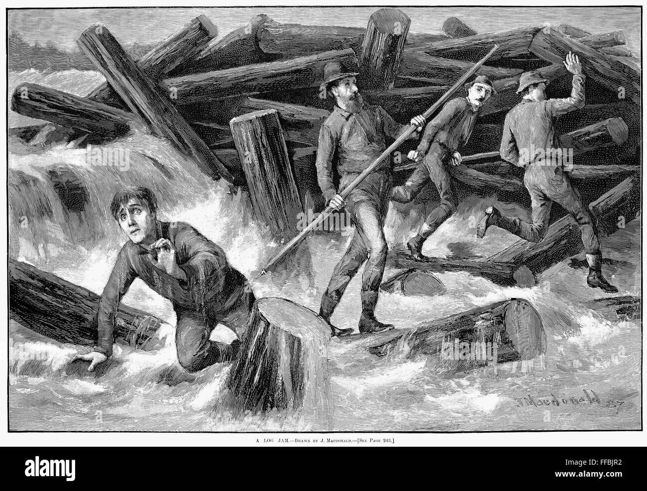 LUMBERING: LOG JAM, 1887. /nWood engraving. American, 1887 Stock Photo ...