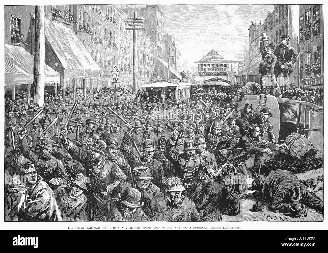 STREET CAR STRIKE, 1886./nPolice opening the way for a horse drawn ...