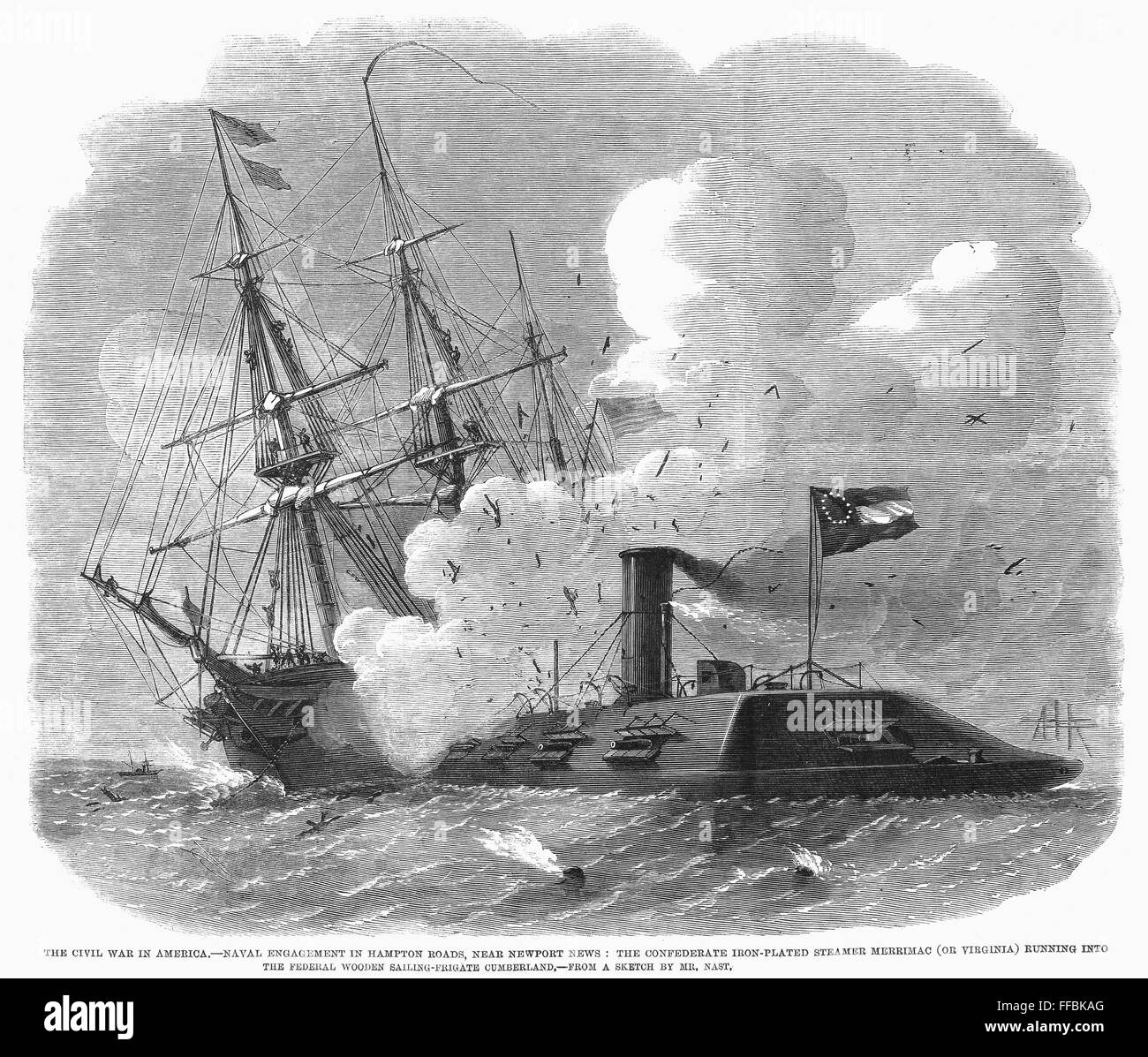 CIVIL WAR: MERRIMACK, 1862. /nThe sinking, in Hampton Roads, of the U.S ...