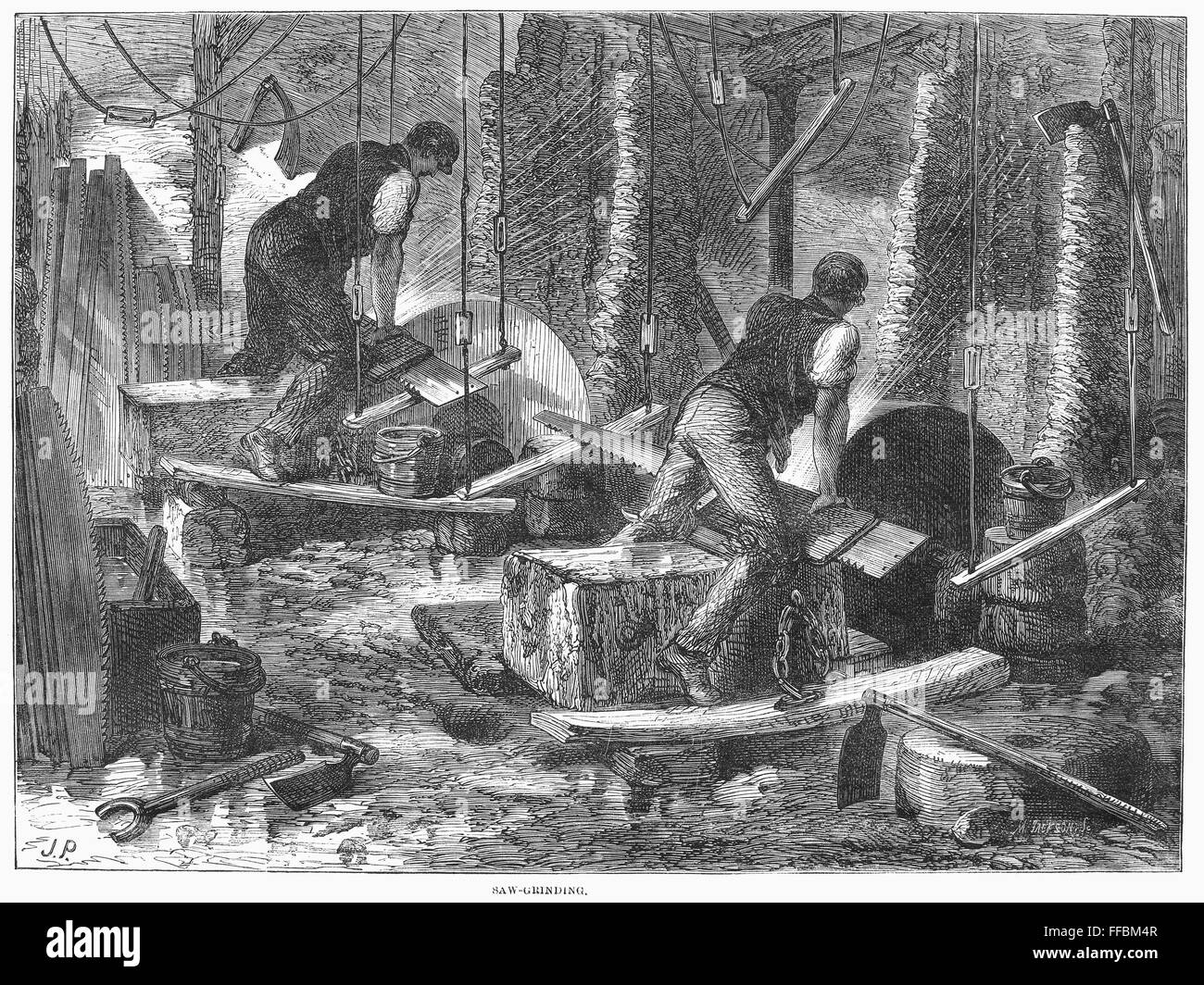 SHEFFIELD: FACTORY, 1865. /nThe grinding of saws by hand at a factory ...