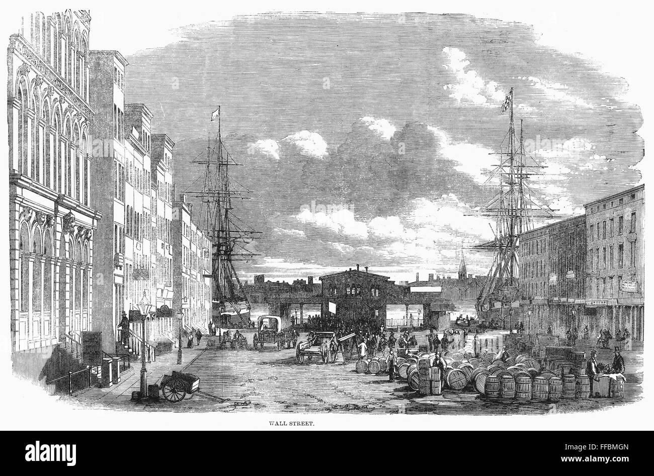 WALL STREET, 1859./nThe eastern end of Wall Street, New York. Wood ...