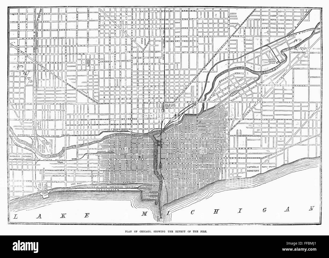 CHICAGO FIRE MAP, 1871. /nPlan of Chicago showing the extent of the ...
