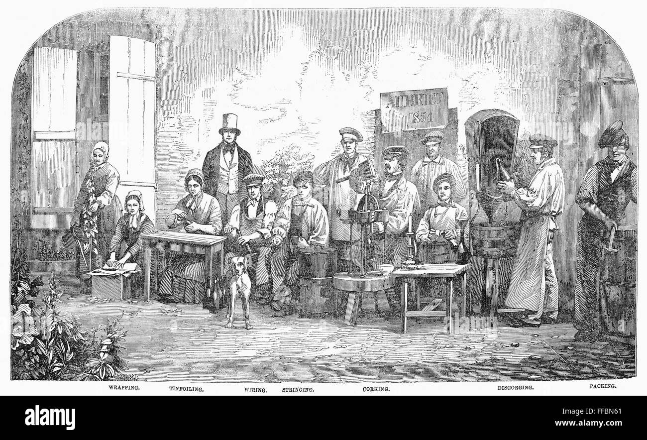 CHAMPAGNE PRODUCTION, 1855. /nThe disgorging, corking and wrapping of ...