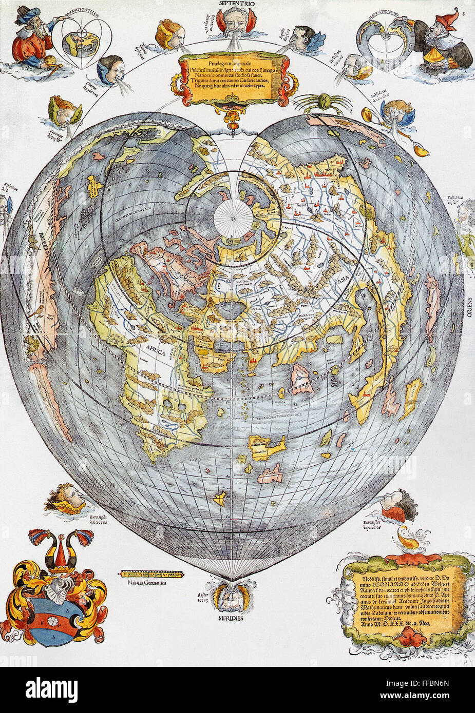 APIAN: WORLD MAP, 1530. /nHeart-shaped map of the world, with small ...