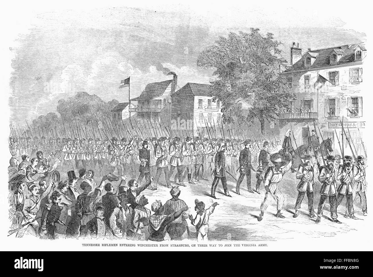 CONFEDERATE RECRUITS, 1861. /n'Tennessee Riflemen Entering Winchester ...