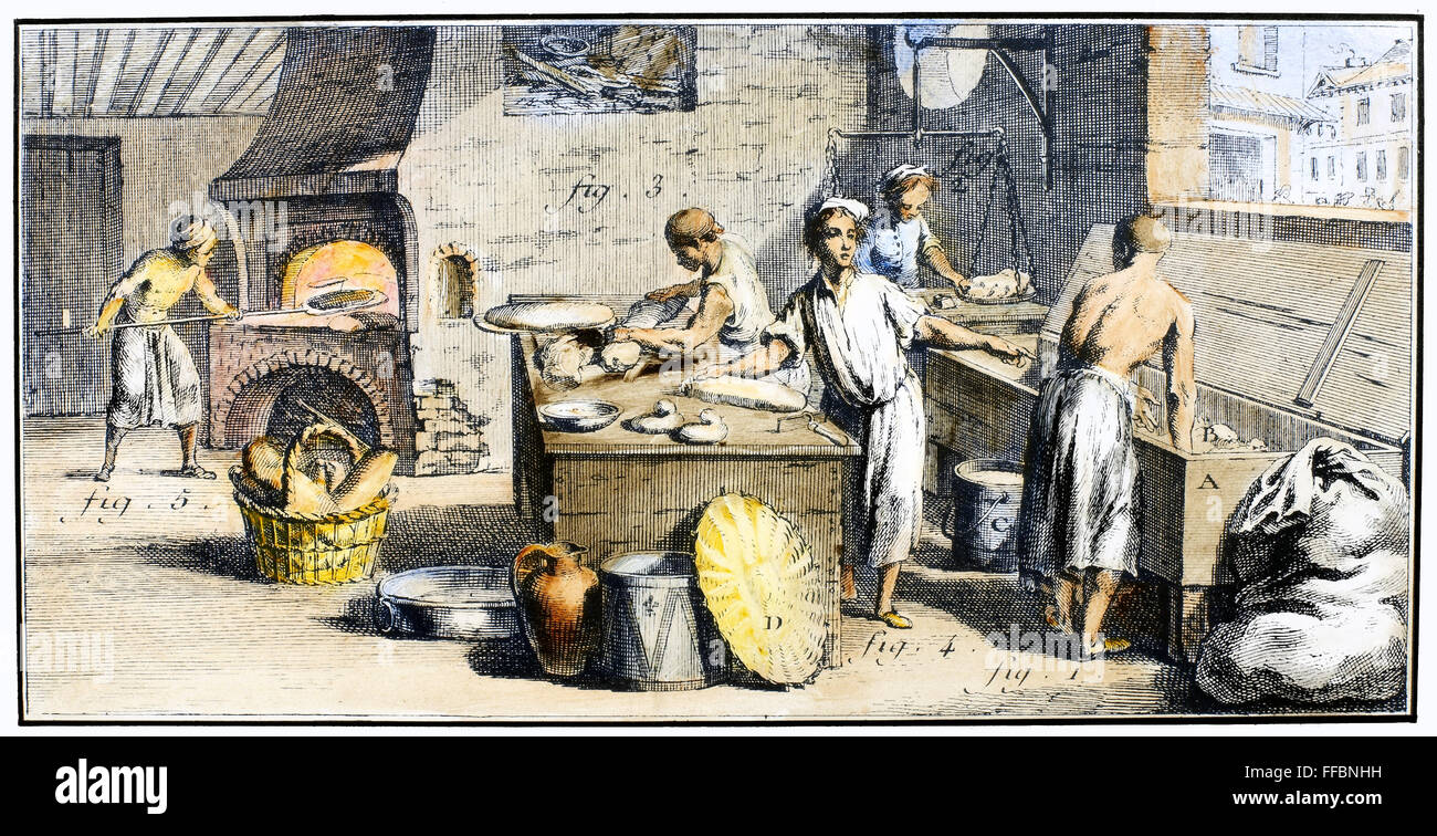 BAKERY, 18th CENTURY. /nKneading dough and baking bread in a bakery ...