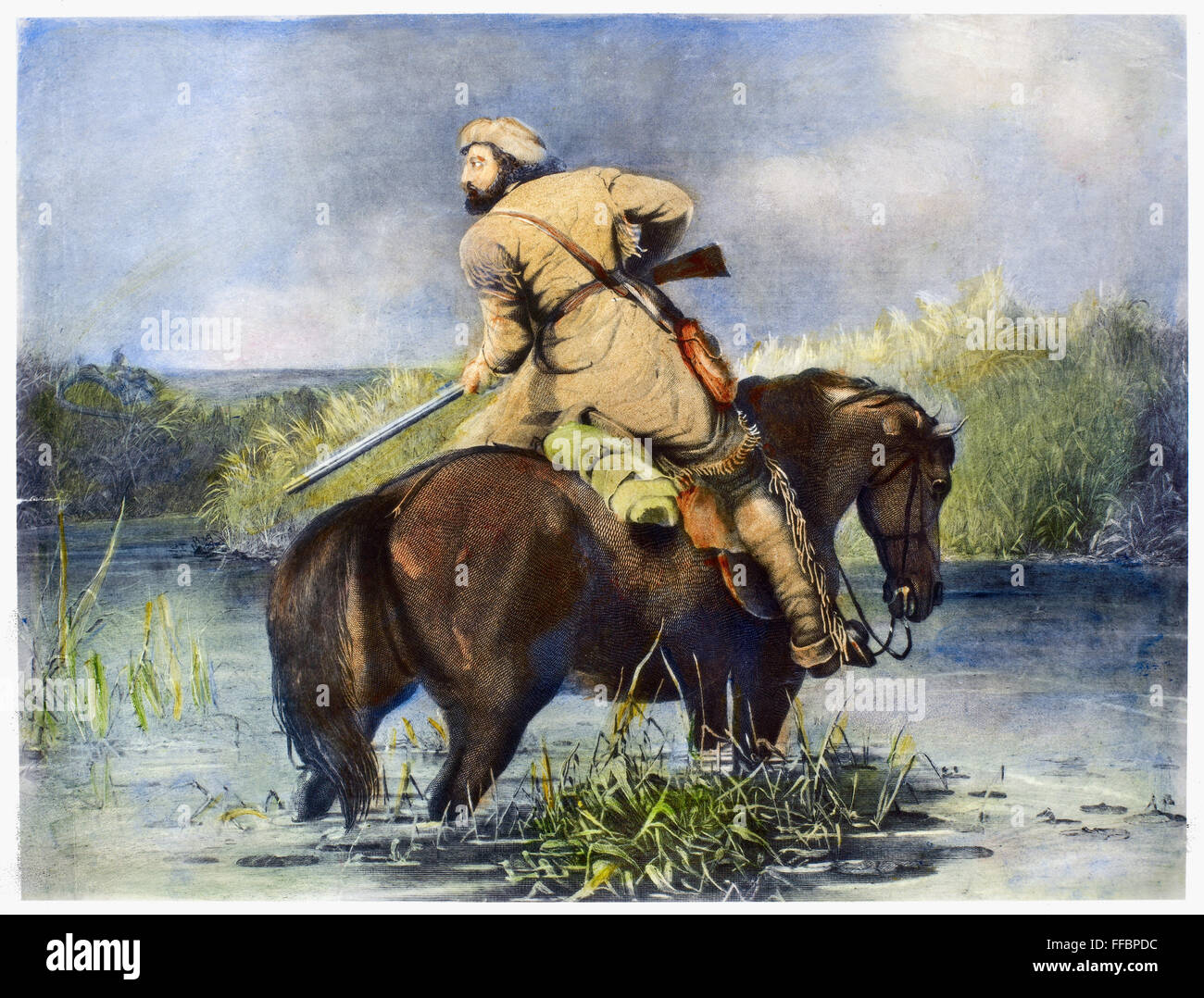 TRAPPER, 1850. /n'The Trapper's Last Shot.' Steel engraving, American ...