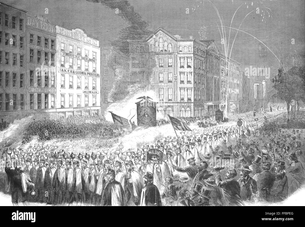 PRESIDENTIAL CAMPAIGN, 1860. /nA 'Wide Awake' torch rally in support of ...