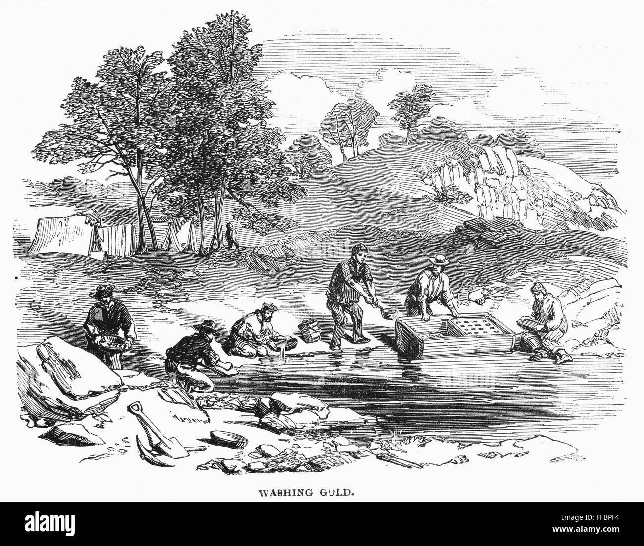 AUSTRALIAN GOLD RUSH, 1852. /nMiners washing gold in the Port Phillip ...