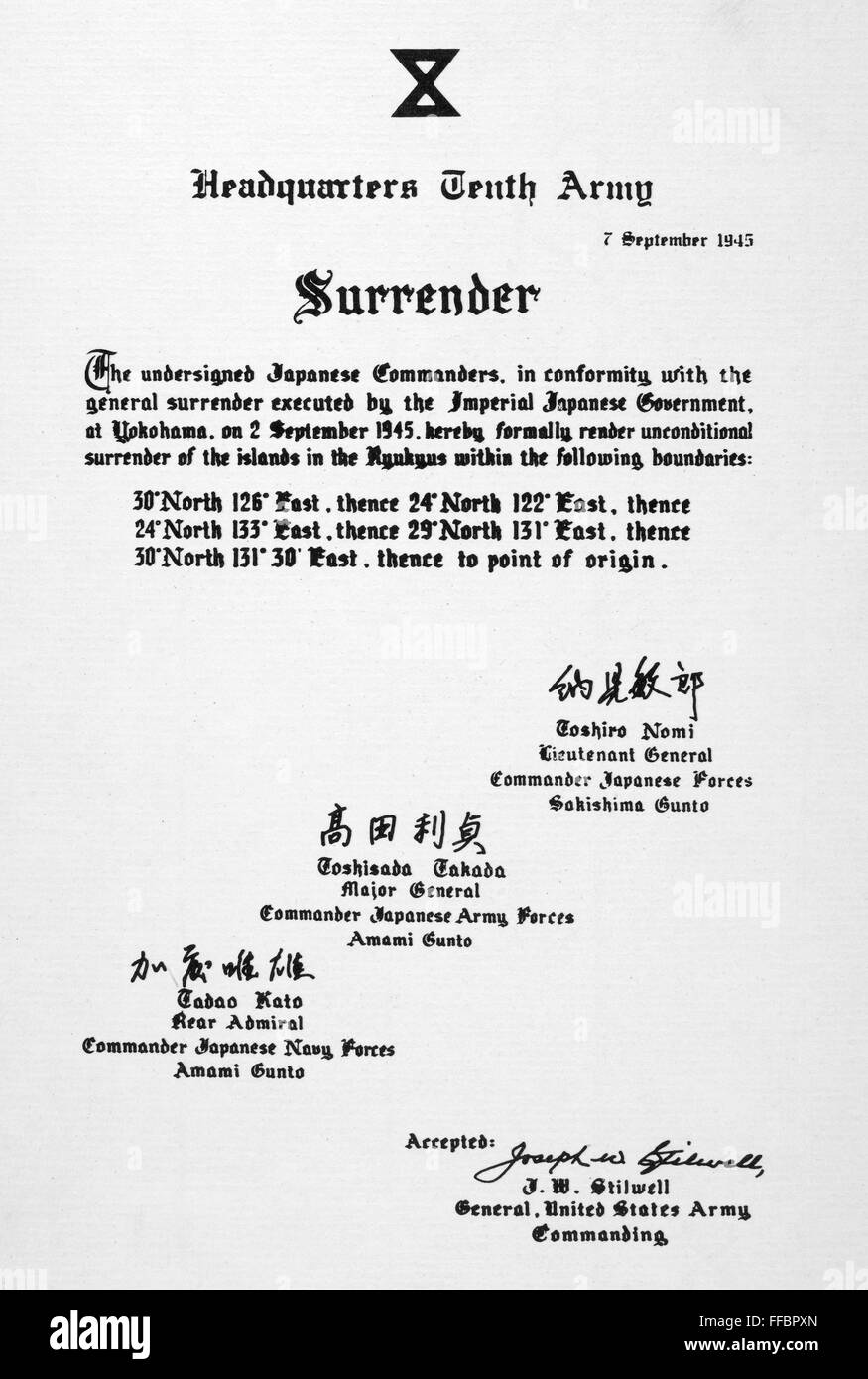 SURRENDER OF JAPAN, 1945. /nInstrument of surrender of the Japanese ...