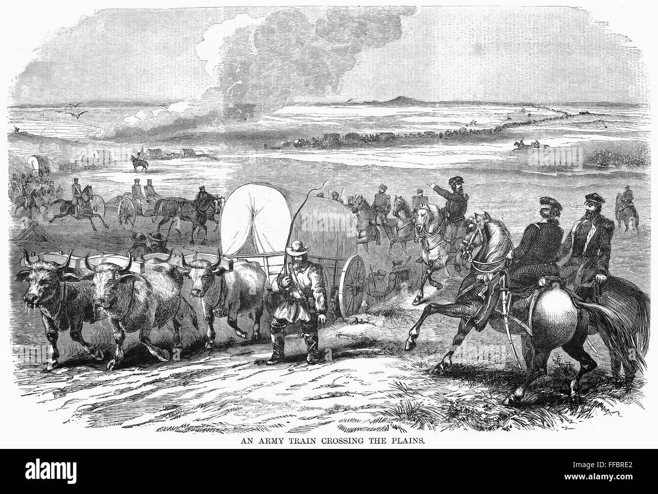 WESTWARD EXPANSION, 1858. /nA U.S. Army train crossing the plains. Wood ...