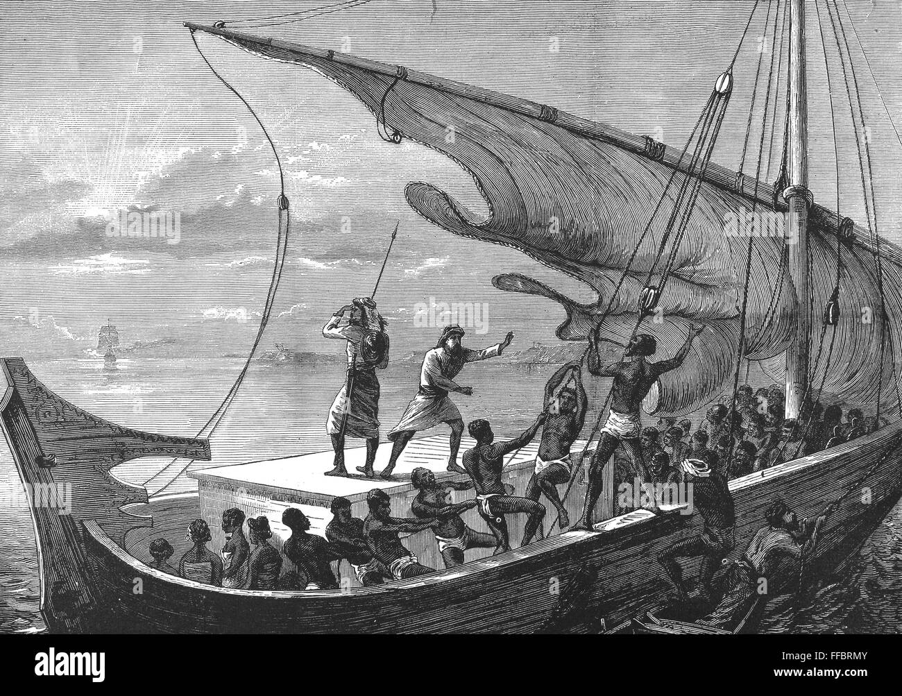 ARAB SLAVE TRADE, 1874. /nArab slave traders aboard a dhow seeking to ...
