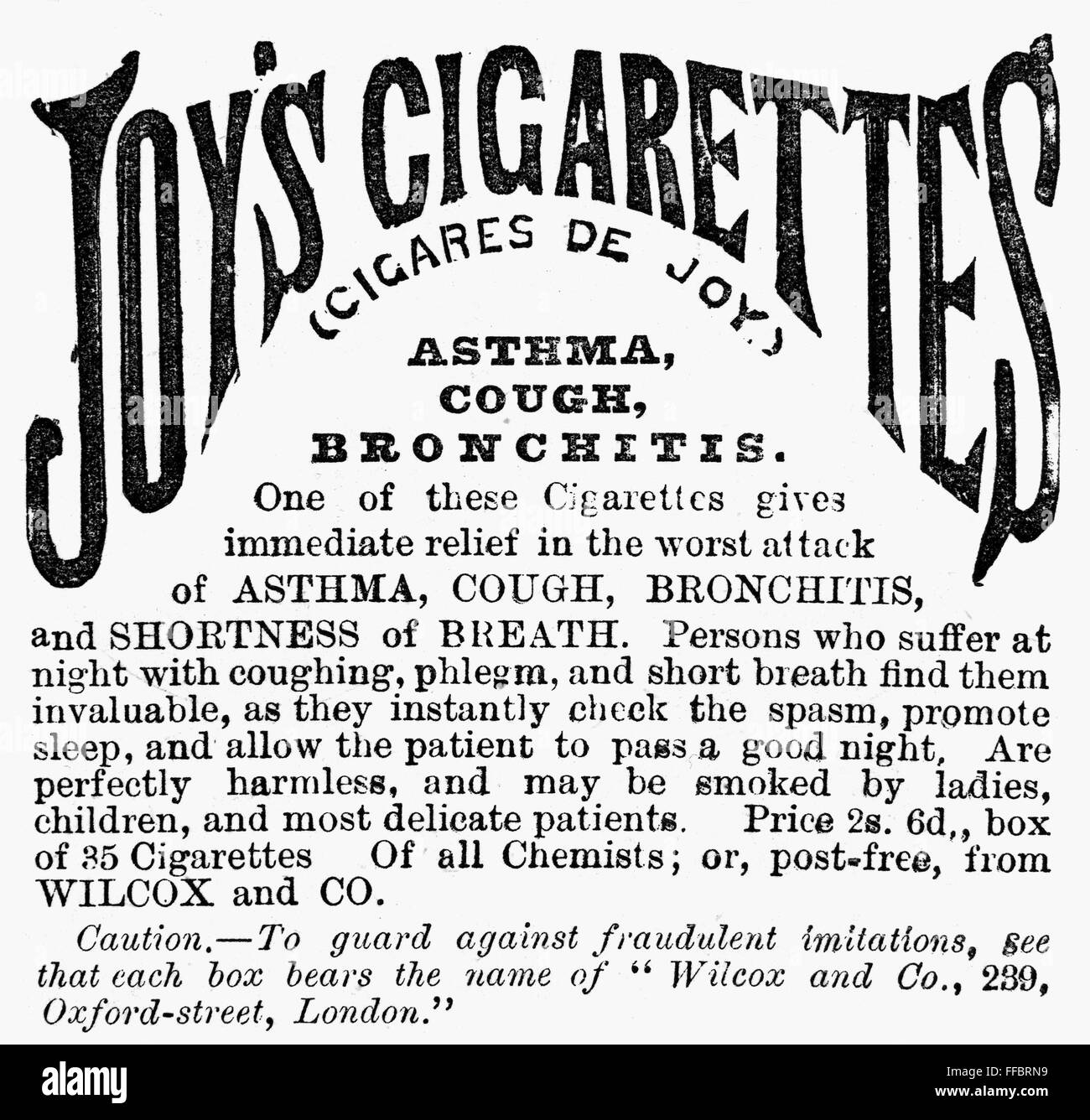 JOY'S CIGARETTES, 1884. /nBritish newspaper advertisement for Joy's ...