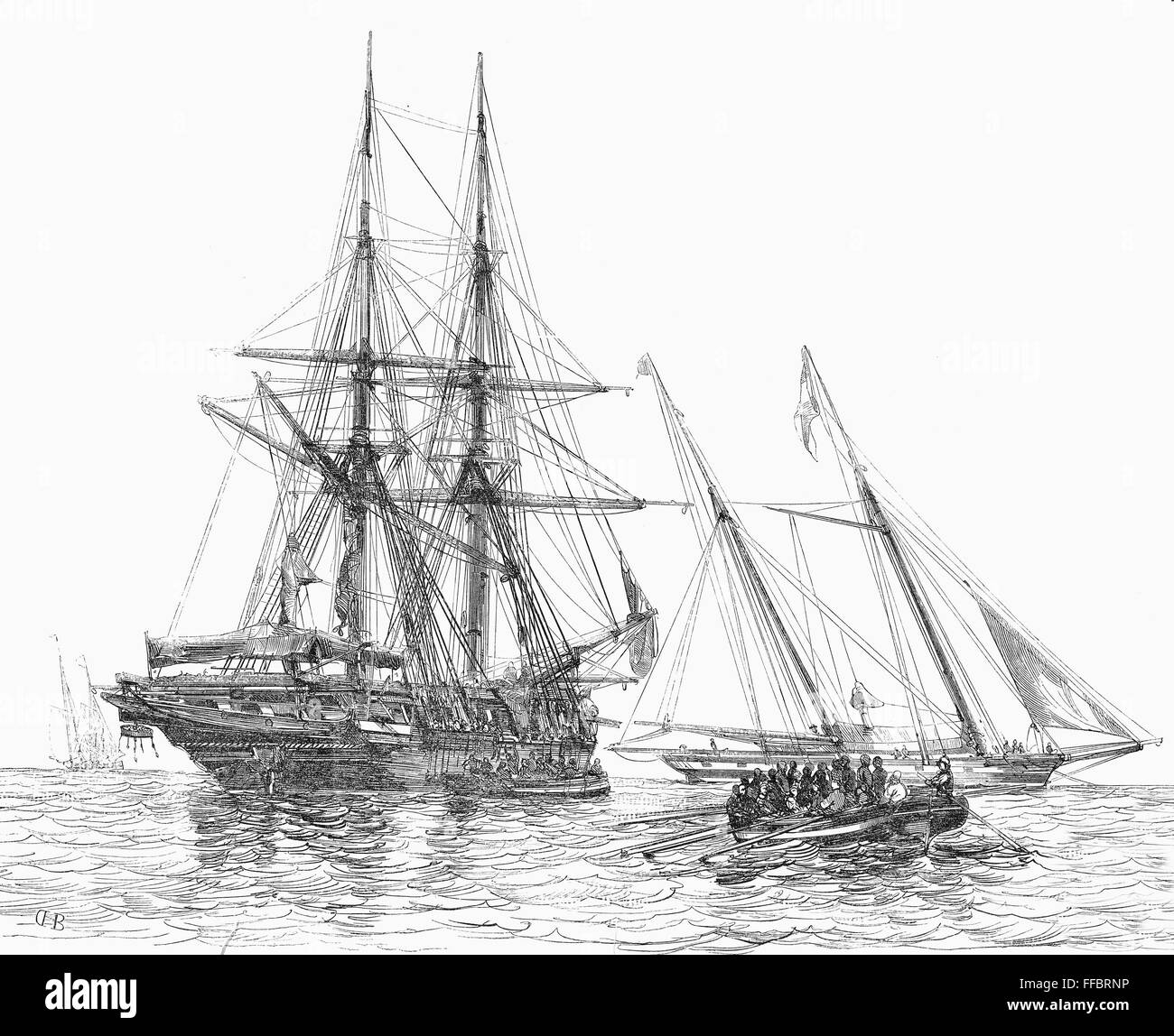 SLAVE TRADE, 1843. /nA slave ship taking aboard slaves off the coast of ...