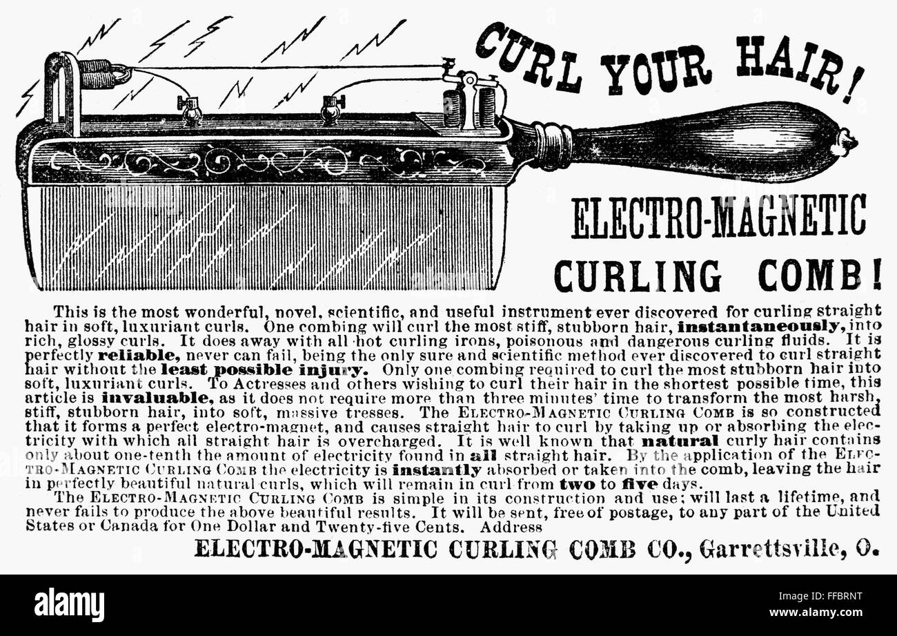 ELECTRIC CURLING COMB. /nAmerican newspaper advertisement, 1871 Stock ...