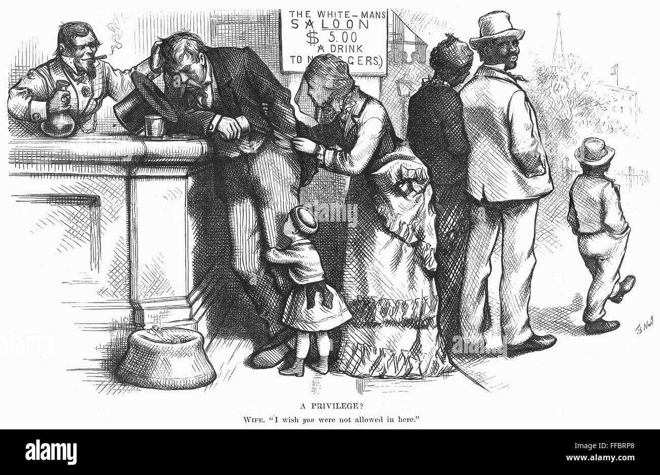 SEGREGATED SALOON, 1875. /n'A Privilege?. Wife: "I wish you were not ...