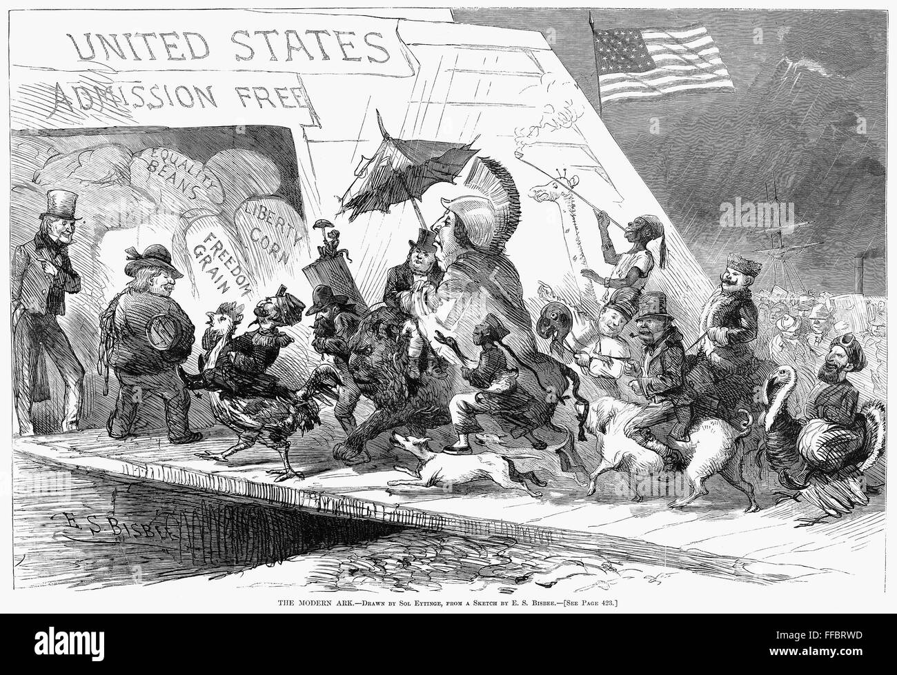 IMMIGRATION CARTOON, 1871. /n'The Modern Ark.' Immigrants from all over ...