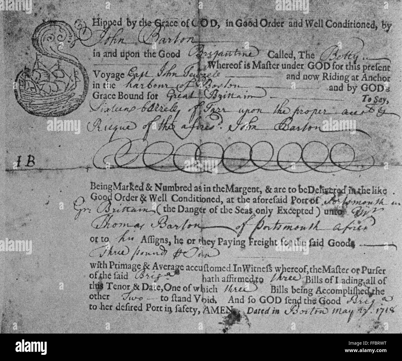 NEW ENGLAND: SHIPPING BILL. /nShipping bill from Boston, 1718 Stock ...