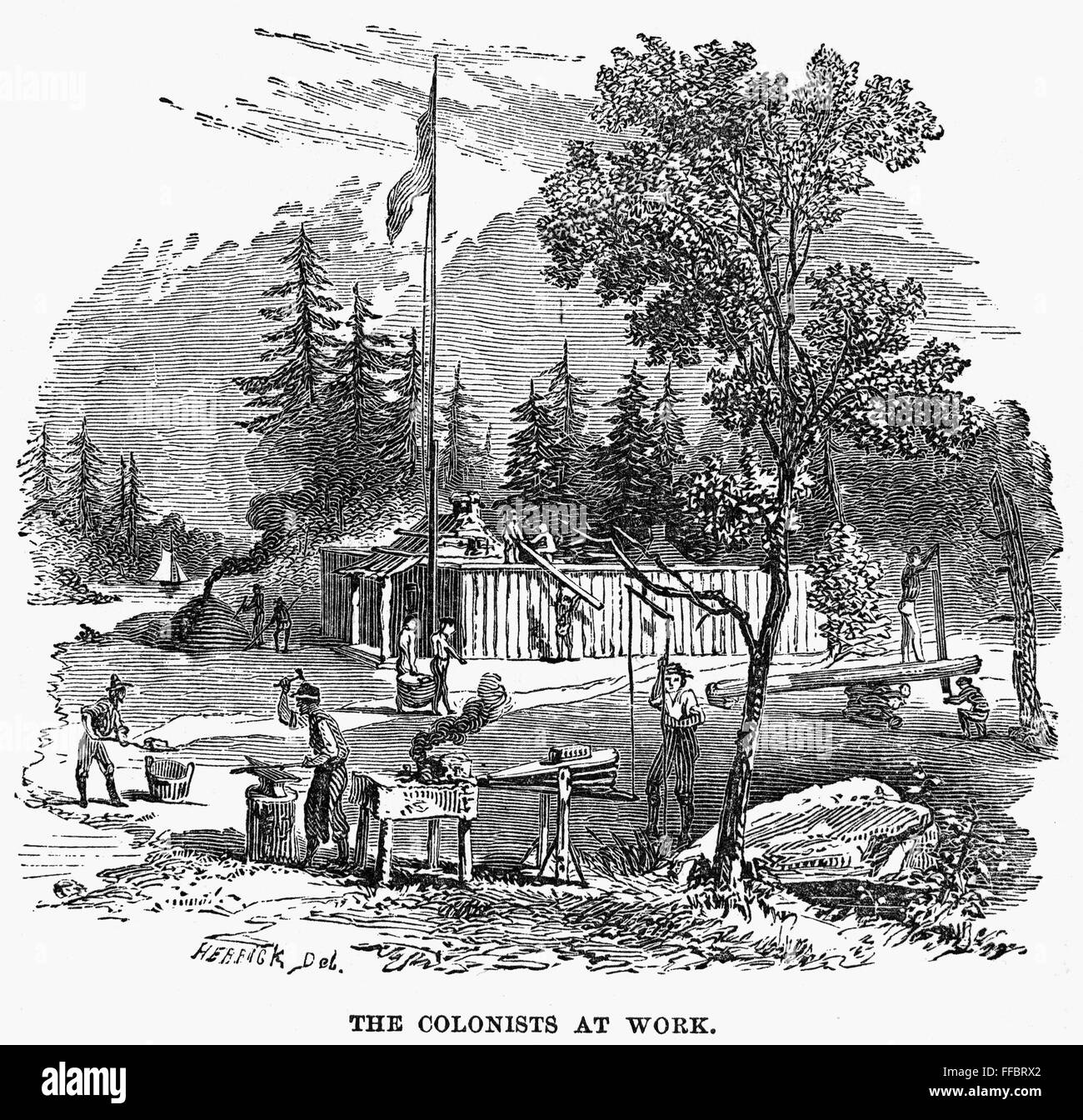 COLONIAL SETTLEMENT, c1700. /nAmerican colonists at work at a new ...