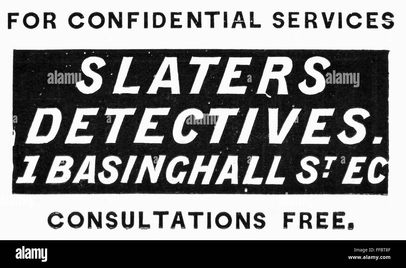 DETECTIVE AD, 1897. /nEnglish newspaper advertisement, 1897 Stock Photo ...